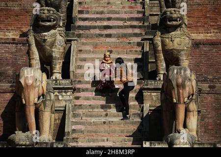 Bhaktapur, Bagmati, Nepal. 1st Dec, 2021. A girl donned in traditional ...