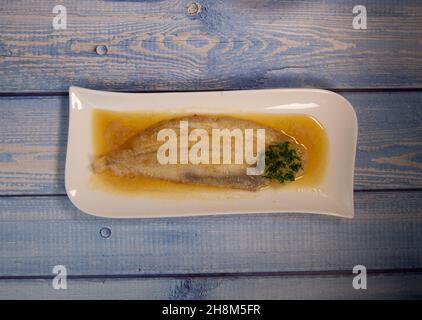 Recipe Sole meuniere, lemon carrot whistle and leek fondue Stock Photo ...