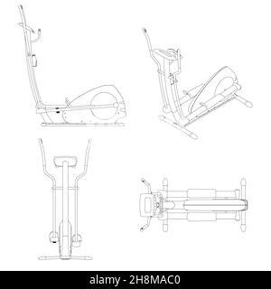 Outline of a treadmill from black lines isolated on a white background. Isometric view. 3D ...
