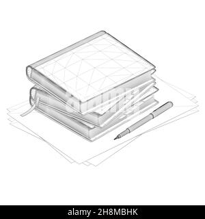 Wireframe of stack of books with paper and pen from black lines ...