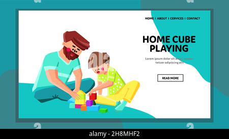 Home Cube Playing Father With Son Family Vector. Boy Child And Man Parent Toy Cube Playing And ...