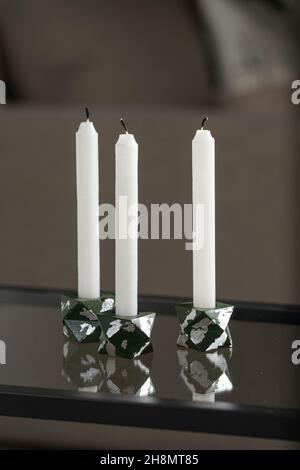 Set of stone Candle Holder with abstract smudges, blue concrete with ...