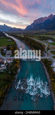 Bridge over the Rhine between Mastrils and Landquart, aerial view ...