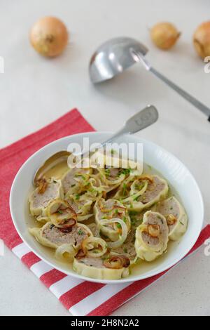 Swabian cuisine, Maultaschen in broth with stewed onions, soup plate ...