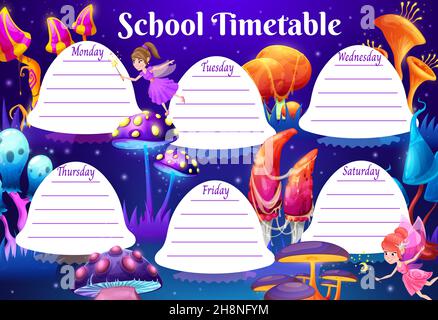 Timetable schedule with cartoon fairy elf houses and dwellings. Kids ...
