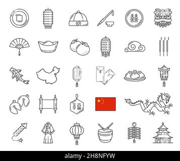 Chinese national symbols with dragon and mandarin or chinaman, lantern ...