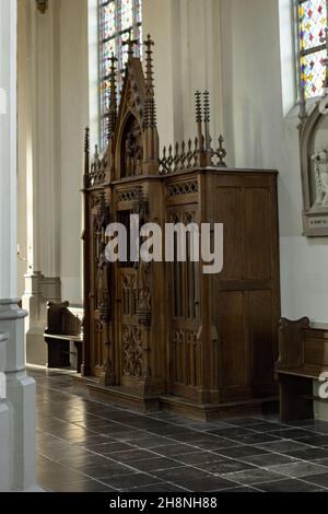 Interior of catholic church: confessional detail, 150 years old, made ...