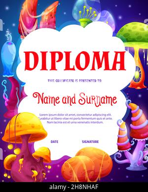Kids diploma. Fantasy forest, magic alien trees and plants. Elementary ...