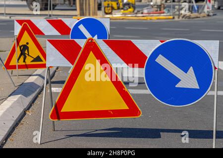 Road Works Directional Arrow Construction Site at City Street Stock ...