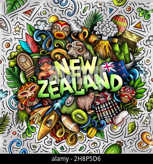 New Zealand hand drawn cartoon doodle illustration. Funny local design ...
