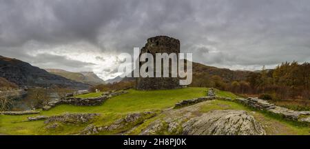 High view to Dolbadarn Castle by Llyn Peris with Moel Elio beyond in ...
