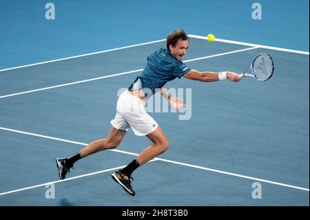 Daniil Medvedev, of Russia plays a backhand return to Learner Tien, of ...