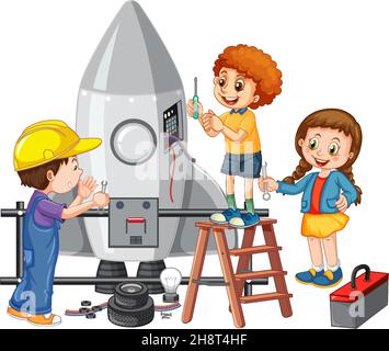 Children fixing a rocket together on white background illustration ...