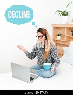 Conceptual caption Decline. Internet Concept Become smaller fewer less Decrease Politely refuse ...