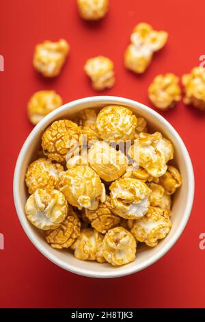 Homemade Caramel Popcorn, top view. Flat lay, overhead, from above ...