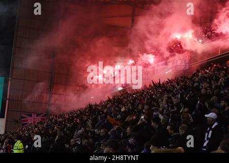 Rangers fans set off flares in the stands during the cinch Premiership ...
