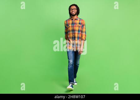 Photo of charming funky dark skin lady dressed denim outfit glasses ...