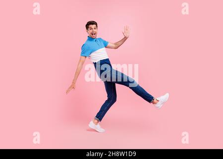 Full size photo of sweet millennial lady jump index promotion wear t ...