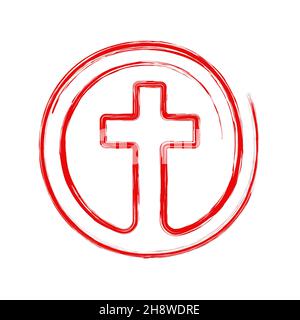 Red drawing of christian cross in doodle cartoon style. Vector ...