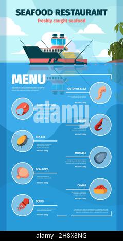 Seafood restaurant menu template with ocean design symbols vector ...