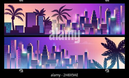 Neon city banners. Cyberpunk style background, downtown and palms ...