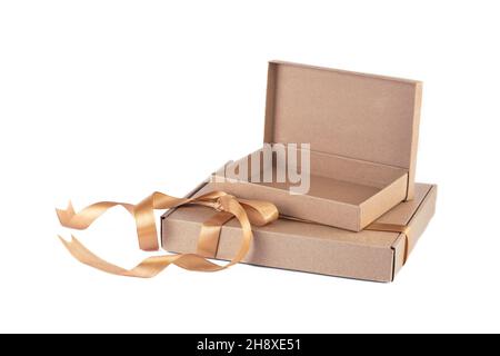closed brown gift box with a red shiny bow on a blue background, top ...