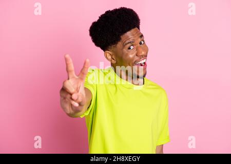 Photo of charming excited dark skin lady wear casual clothes heart ...