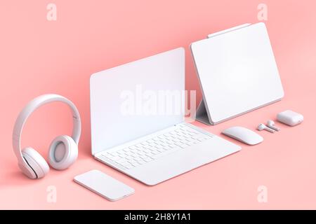 Realistic aluminum laptop with trackpad, mouse and phone isolated on ...