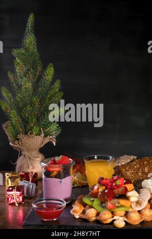 Breakfast or brunch set for two person on rustic wooden table Stock ...