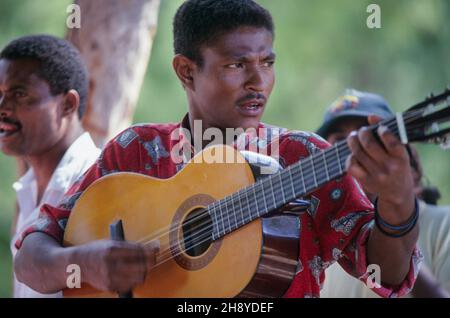 Sega band playing the traditional folklore and dance music on a beach ...