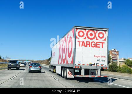 Target delivery semi trailer truck is driving on highway - Los Angeles ...