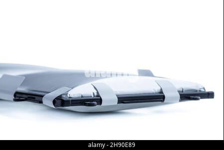 Defective lithium battery after explosion isolated on white background ...