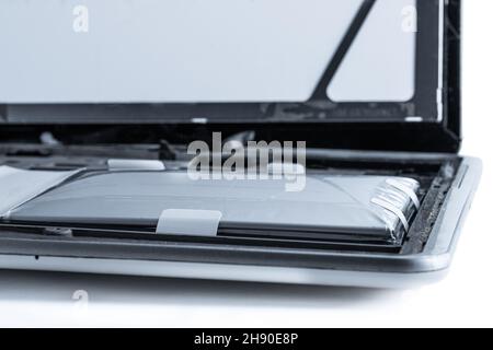 Tablet destroyed by exploded lithium battery isolated on white Stock ...