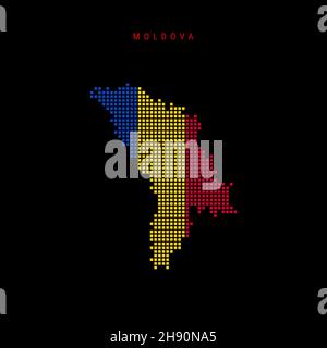 Square dots pattern map of Moldova. Moldavian dotted pixel map with national flag isolated on ...