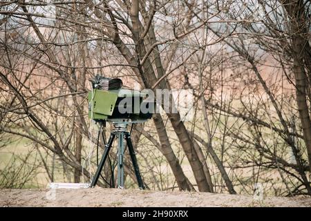 highway police with a radar, speed limit enforcement at a German ...