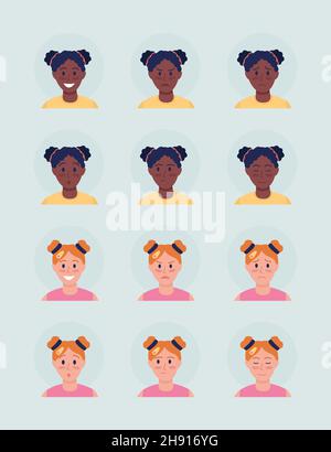 Girl with emotional expressions semi flat color vector character avatar ...