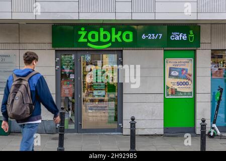 Polish sign for Zabka the little frog liqueur store sklep. Lutomierska ...
