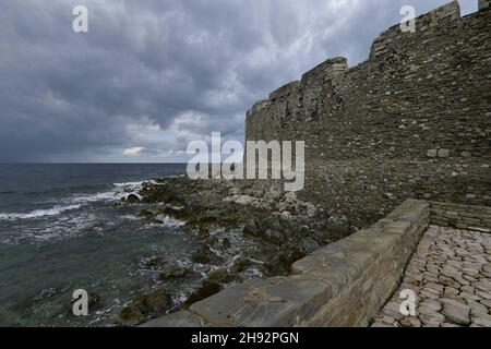 Seaside landscape with panoramic view of Methoni Castle a medieval ...