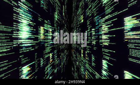 Source code walls on black background. Animation. Dive into cyberspace with walls of source code ...