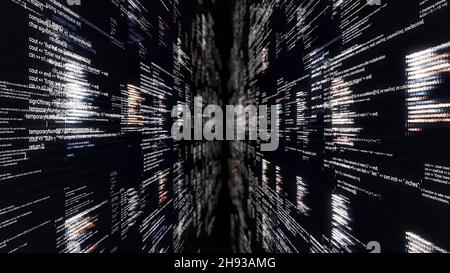 Source code walls on black background. Animation. Dive into cyberspace ...