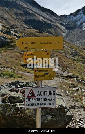 Yellow hiking signs in the Austrian mountains - Zillertal - in the ...