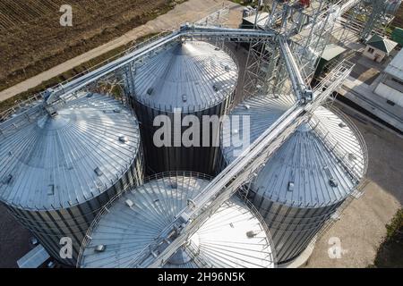 Aerial view of modern grain elevator. Wheat storage building, building ...