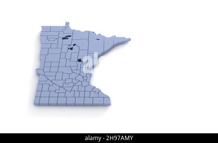 The US state of Minnesota. 3D rendering of shaded relief map with water ...