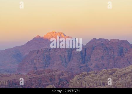 Sunrise view towards Jabal Harun (traditionally burial place of Moses ...