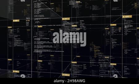 Tables with source codes on black background. Animation. 3D table in ...