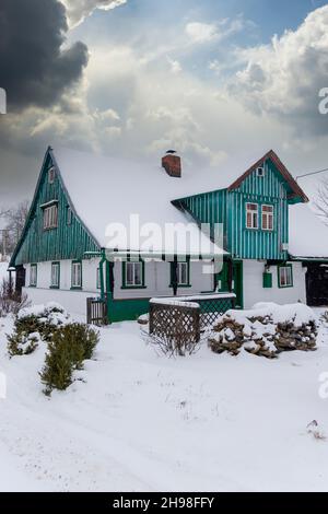 Old wooden log cottages, Orlicke Mountains, Eastern Bohemia, Czech ...