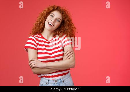 Cheerful motivated professional assertive curly woman pointing herself ...