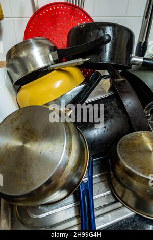 Big pile of upside down cooking pots and pans Stock Photo - Alamy