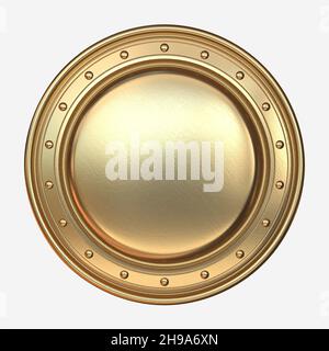 Golden circular shield 3D rendering illustration isolated on white ...