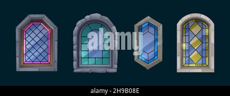 Colorful stained glass windows with stone frame. Vector cartoon set of ...